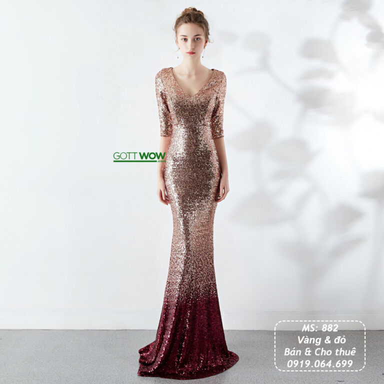 Đầm dạ hội trung niên màu ombre vàng đỏ đẹp sang lịch sự (eo 70 -87cm ...